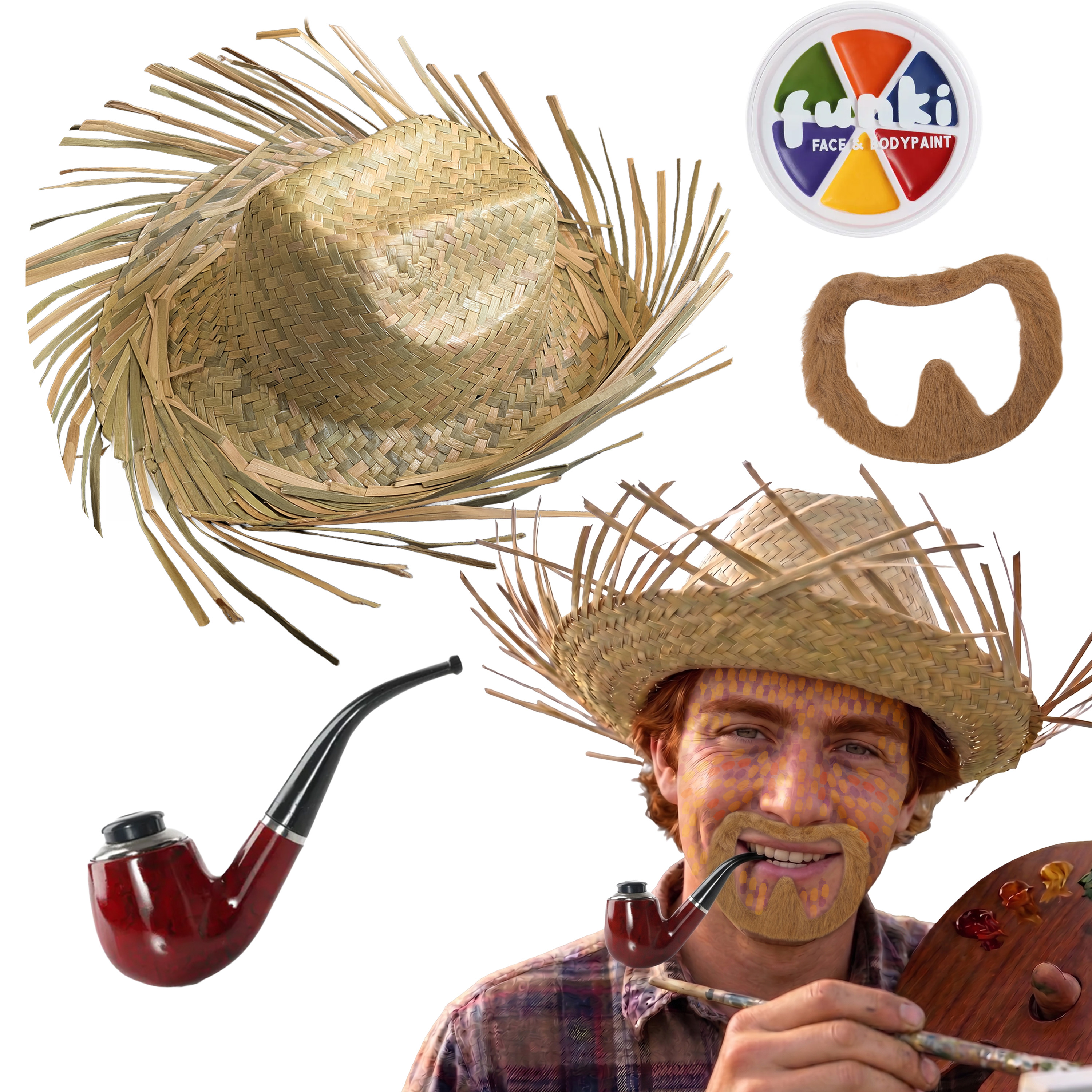 Adults Sunflower Painter Accessory Set | 4 Pcs | Hat, Pipe, Beard ...