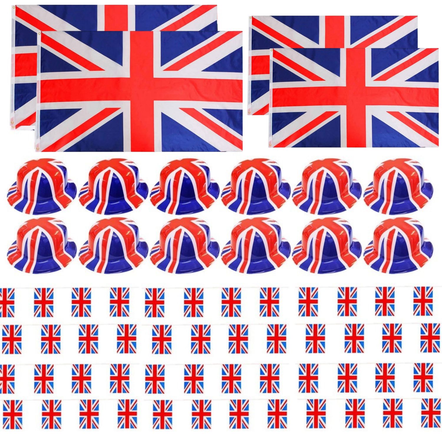 18 Piece Union Jack Party Set – Flags, Bunting & Bowler Hats for ...