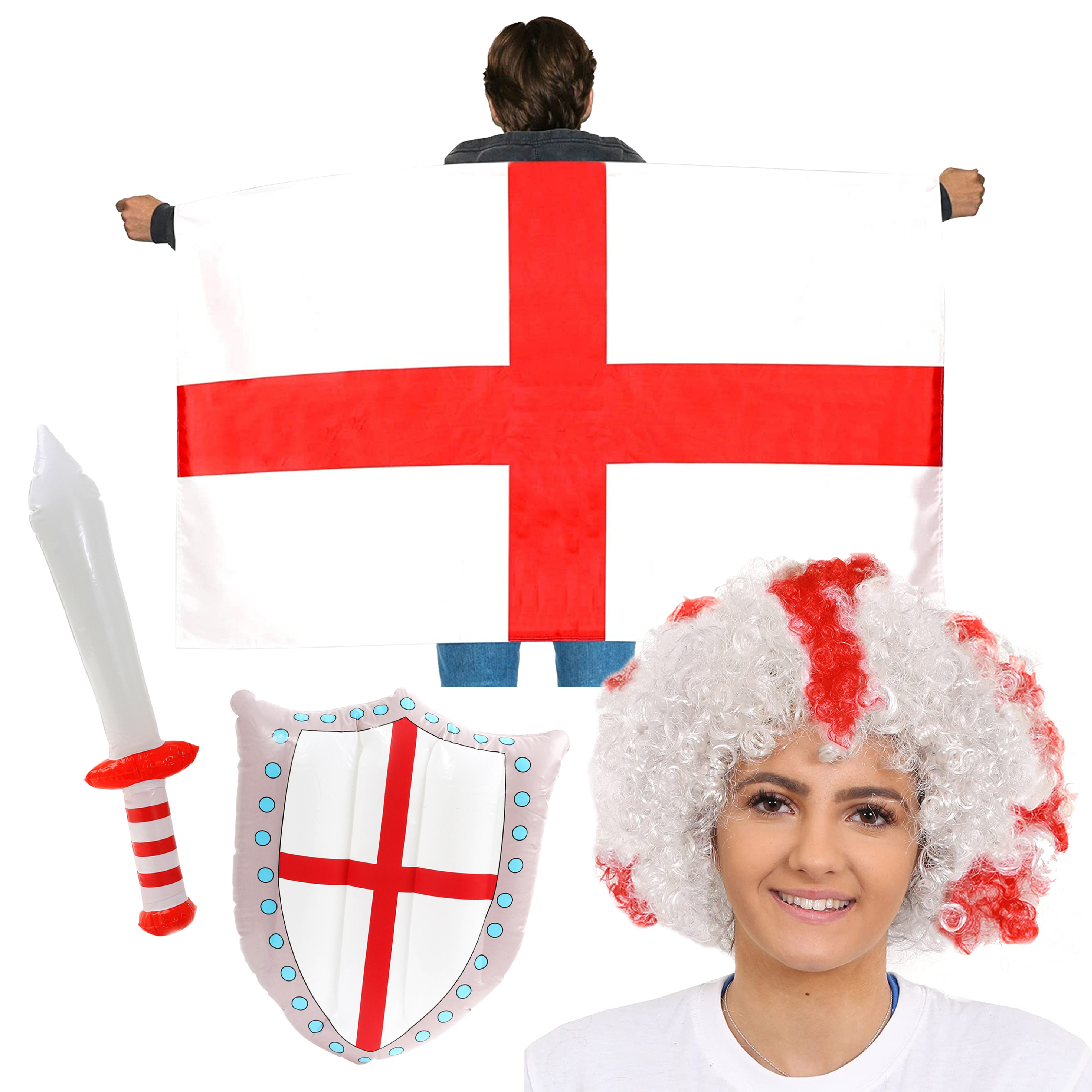 Red & White England Afro Wig, Flag Cape & Inflatable Sword & Shield | I ...
