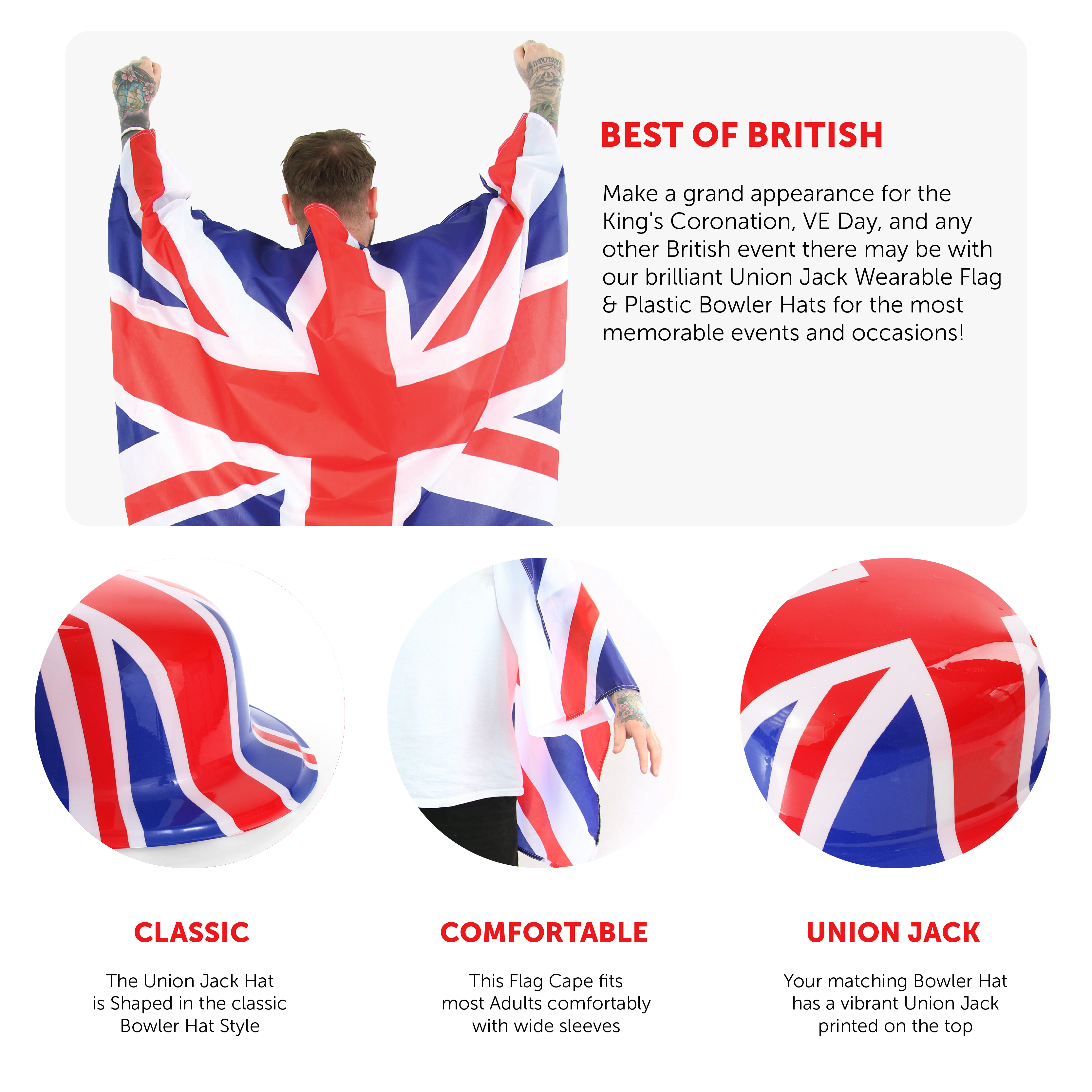 Wearable Union Jack Flag Cape & Union Jack Bowler Hat | I Love Fancy Dress