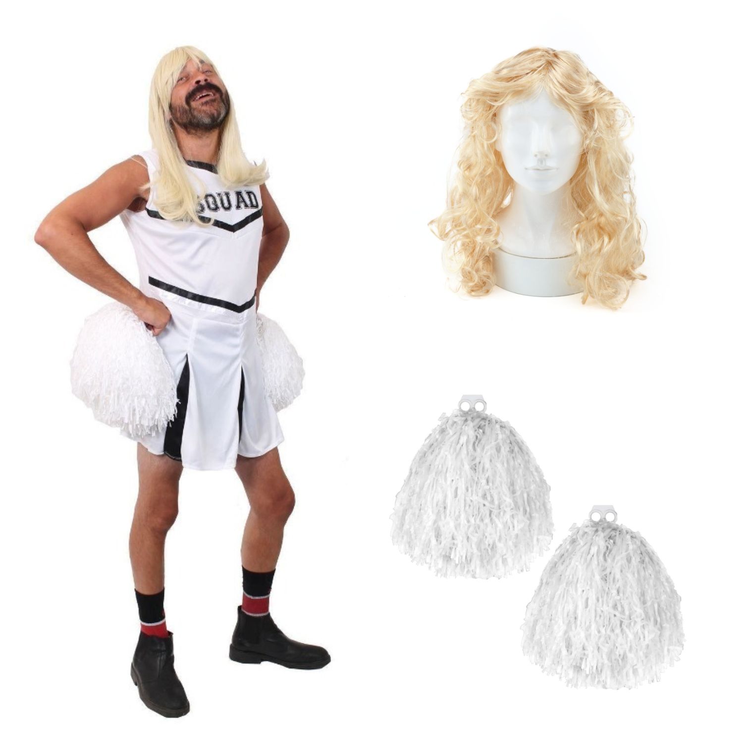 Mens White Cheerleader Stag Do Costume with Wig & Pom Poms | I Love ...