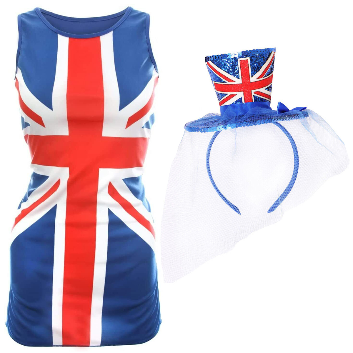 Ladies Union Jack Dress + Union Jack Mini Fascinator | I Love Fancy Dress